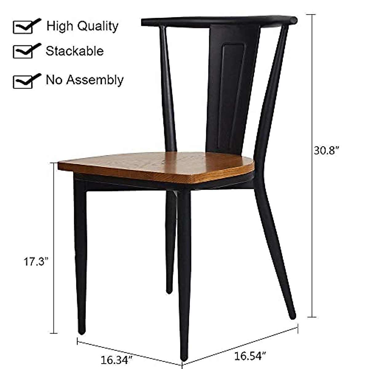KARMAS PRODUCT 2 Pack Stackable Metal Dining Chairs with Solid Wooden Seat,Restaurant Bistro Cafe Side Chairs,Weight Capacity 500lbs,Black