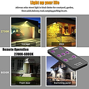Adowan LED Solar Outdoor Lights with Motion Sensor, 3 Lighting Modes Flood Lights with Remote Control, Waterproof Night Security Light for Garage Garden Street Shed Yard (2 Pack)