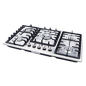 5 Burners Gas Stove Top, 34 inches Gas Cooktop, Stainless Steel Cooktop Cast Iron Grates Gas Stovetop with Thermocouple Protection and Easy to Clean