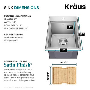 KRAUS Kore 15-Inch Drop In/Top Mount Workstation 16 Gauge Single Bowl Stainless Steel Bar Kitchen Sink with Accessories, KWT311-15