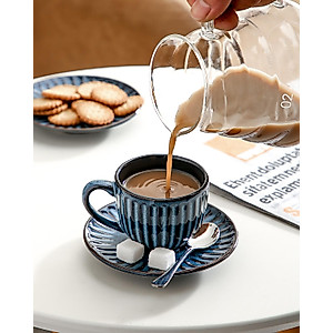 Hasense 4 Oz Espresso Cups with Saucers Set of 4, Ribbed Cappuccino Cups Ceramic for Coffee,Espresso,Double shot,Latte and Macchiato, Demitasse Cups Set Aesthetic Gift, Blue