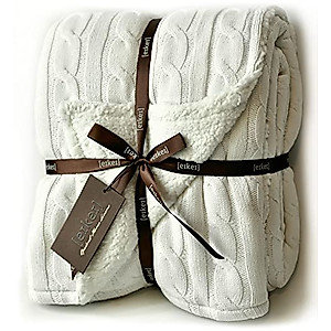 Cable Knit Sherpa Oversized Throw Reversible Blanket Faux Sheepskin Lined Cozy Cotton Blend Sweater Knitted Afghan in Grey White or Turquoise Blue (Off White)