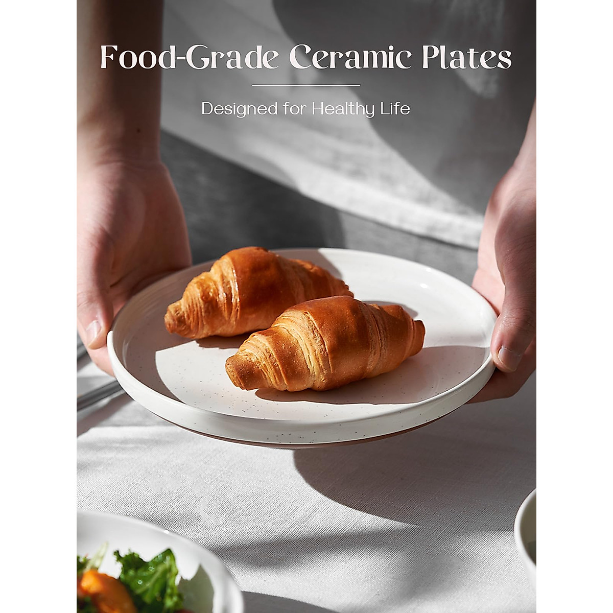 DOWAN 8.5" Moon-White Sesame Glaze Dinner, Dessert & Salad Plates Set of 6, Porcelain Ceramic, Microwave, Oven & Dishwasher Safe, Perfect for Daily Dining, Family Gatherings, Parties & Gifts