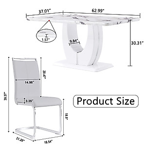 HomVent 63” Contemporary Style Rectangle Kitchen Table with 6 Faux Leather Chair, Dining Room Table with Wood U-Base, Simplistic Kitchen Table Dining Table (White w/ 6 Light Gray Chair)