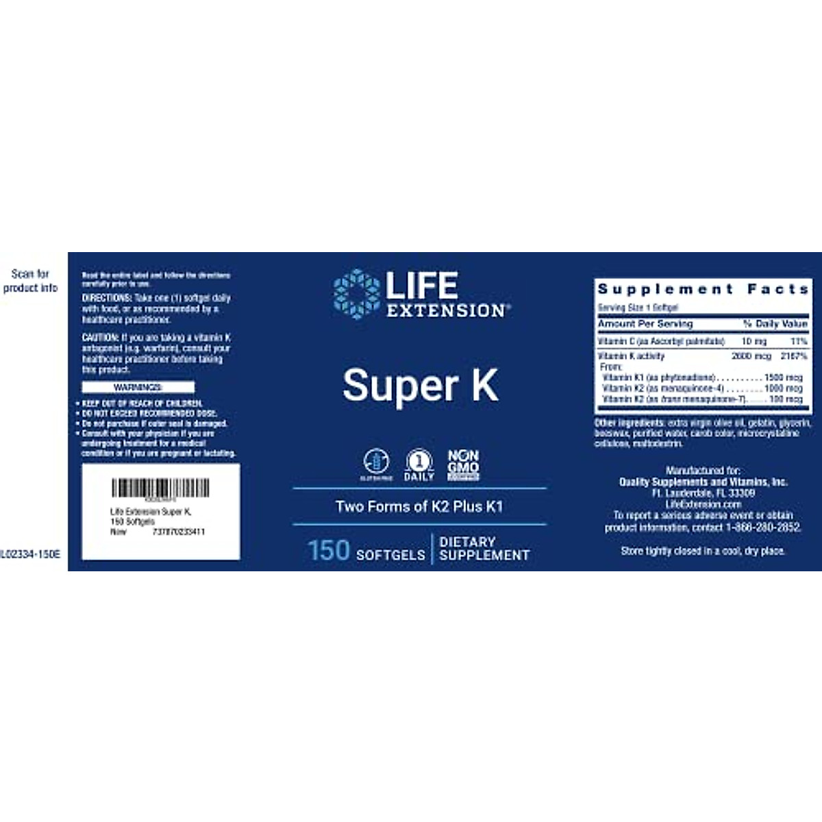 Life Extension Super K, 150 Softgels (Pack of 2) with Vitamin K1 and K2 Supplement