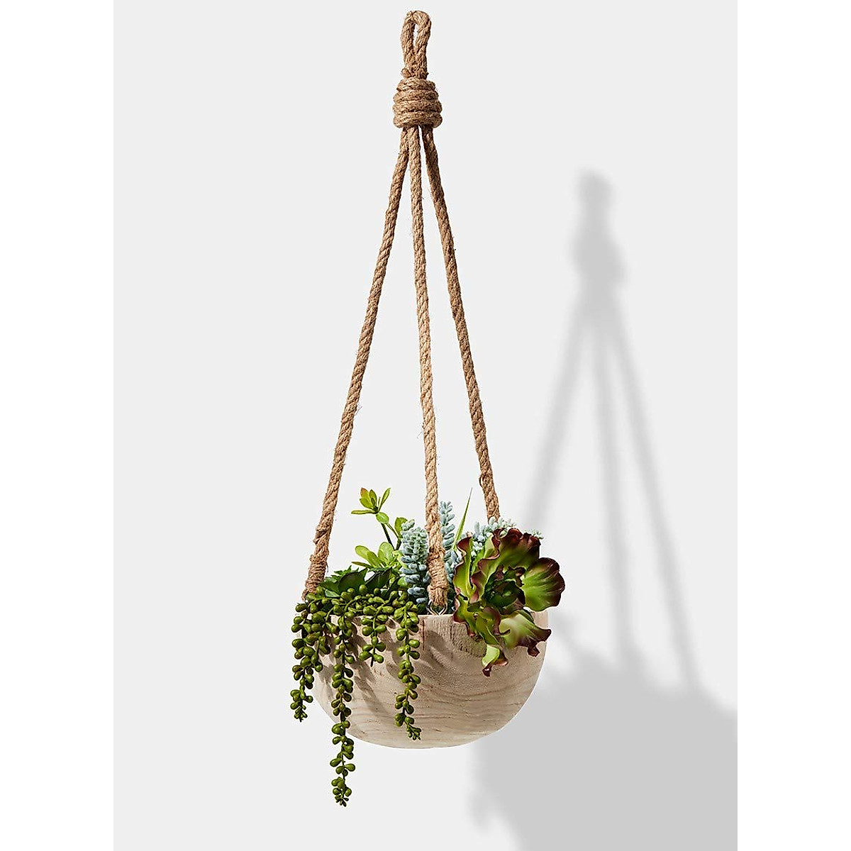 Serene Spaces Living Paulownia Hanging Wood Bowl with Jute Rope, Hanging Faux Succulent and Artificial Plants, Ideal for Home, Garden, Office Decor, Measures 4.5" Tall and 9.25" Diameter