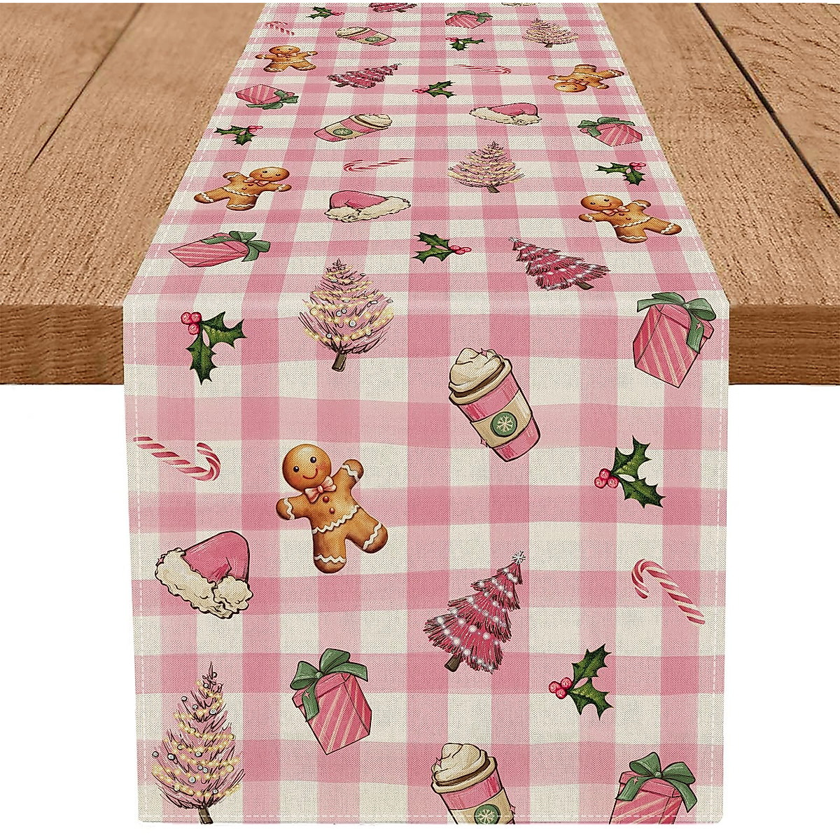 Christmas Table Runner Pink Plaid Tree Gingerbread Candy Xmas 13 x 72 Inch Winter Holiday Home Kitchen Merry Christmas Table Decor