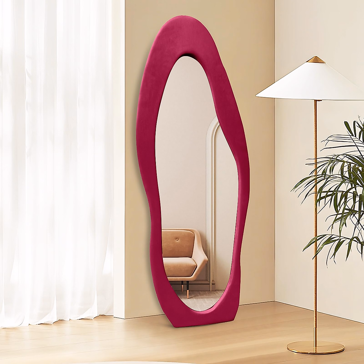 FARUIFETT Irregular Full Length Mirror 63"x24", Flannel Wrapped Wooden Frame Full Body Mirror, Floor Mirror, Wavy Mirror Hanging or Leaning Against Wall for Cloakroom/Bedroom/Living Room…