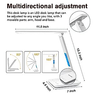 LAOPAO LED Desk Lamp with Wireless Charger, USB Charging Port, Adjustable Foldable ​Table Lamp with Clock, Alarm, Date, Temperature, 5-Level Dimmable ​Lighting​, Office Lamp with Adapter, White