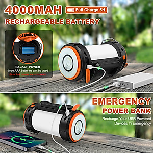 Trekkinglamb 4000mAh LED Camping Lantern, Battery Powered LED with Reading Lamp, 3 Perfect Lantern Flashlight for Hurricane, Emergency, Survival Kits, Hiking, Fishing, Home