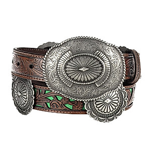 ARIAT Women's Western Belt, Turquoise with Tan Floral Embossed Strap, Silver Conchos, 1-1/4" Width, Large (38" Waist)