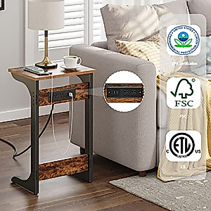 TUTOTAK C Shaped End Table with Charging Station, Tv Tray Table with 2 USB Ports and Outlets, Couch Table, Snack Table, Sofa Side Table for Small Spaces, Living Room, Bedroom TB01BB044