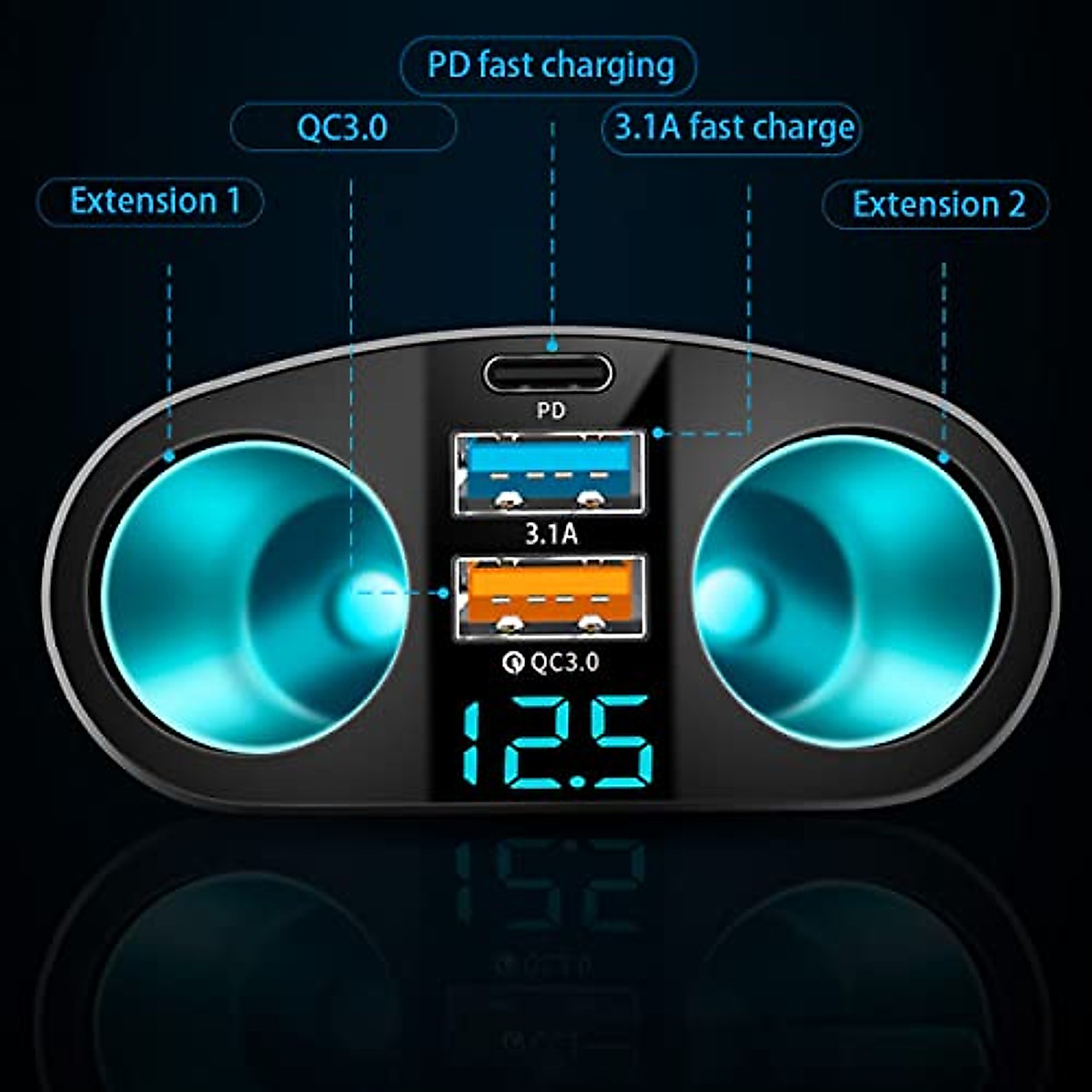 Car Cigarette Lighter Splitter, 2-Socket Cigarette Lighter Adapter with LED Voltmeter, Dual USB QC3.0 Type-C 20W PD Fast Car Charger, 12V/24V Car Splitter Adapter for Smart Phone GPS Dash Cam