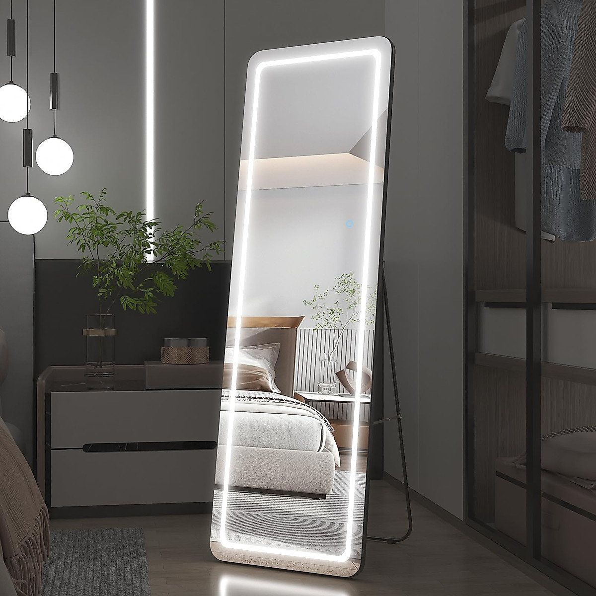 LVZORY 63"x20" Full Length Floor Mirror Dimming Lights Bedroom Tall Full-Size Body Lighted Mirror, Free Standing Wall Mounted Hanging Dressing Touch Control Black(20")