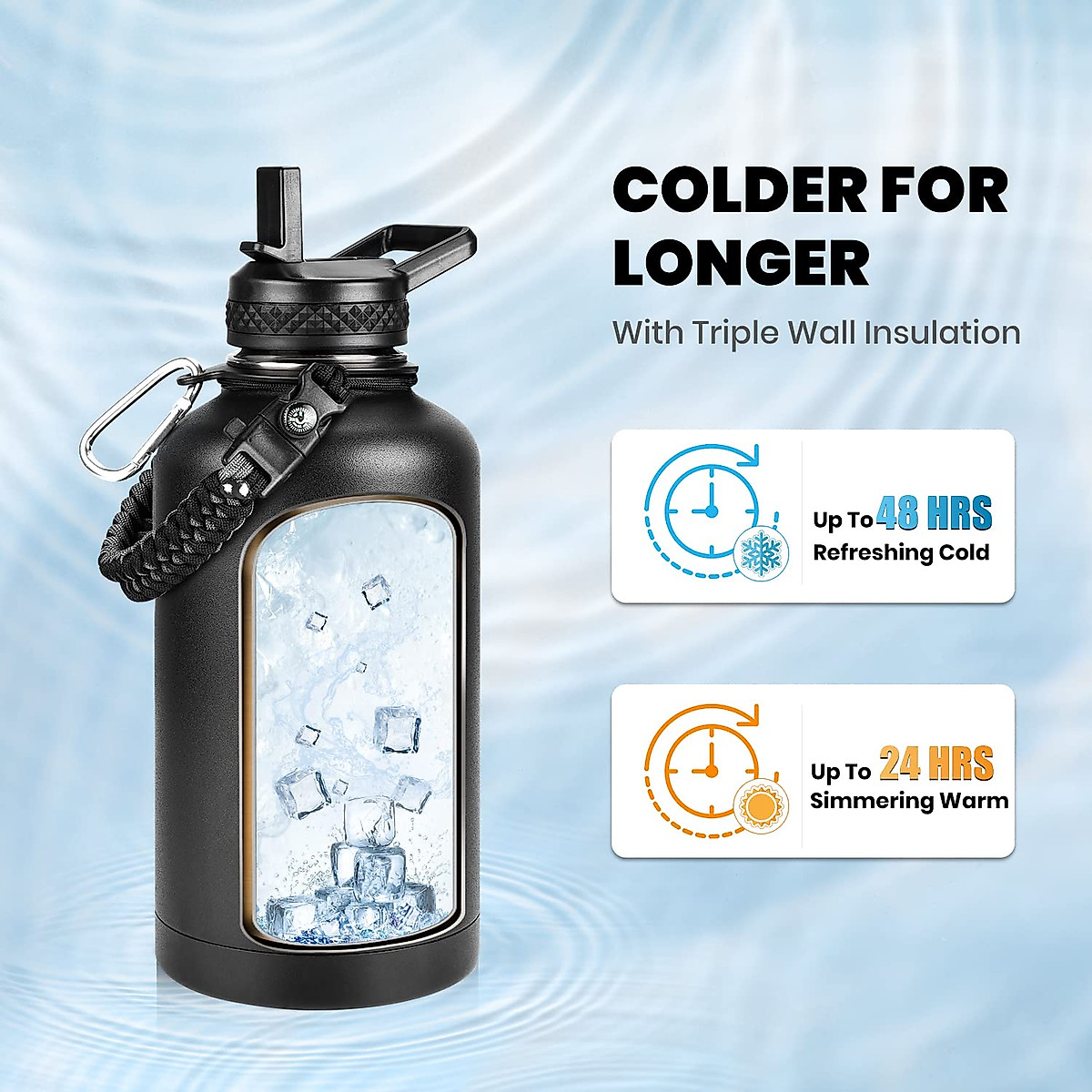 RAYMYLO Insulated Water Bottle 64 oz, Triple Wall Vacuum Stainless Steel (Cold for 48 Hrs), Leak Proof & Non-BPA, Half Gallon Water Flask Jug with Paracord Handle & Straw Spout Lids, Magic Black