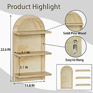 WFSRESTD Floating Wall Shelves - Natural Wood Floating Shelves, 3 Tier Arch Wall Shelf Modern Floating Shelves for Bathroom Kitchen Living Room Bedroom Nursery