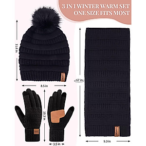 Womens Winter Beanie With Pom Pom, Fleece Lined Scarf and Touchscreen Gloves Set for Cold Weather (Black)