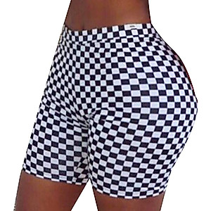 WSPLYSPJY Womens Checkerboard Printed Bodycon Short Pant Yoga Shorts 1 L