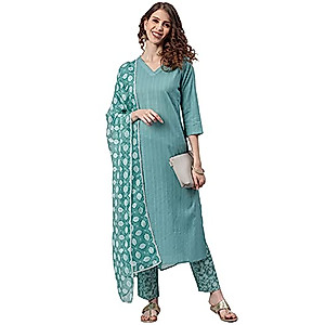 Janasya Women's Blue Cotton Kurta With Pant And Printed Dupatta