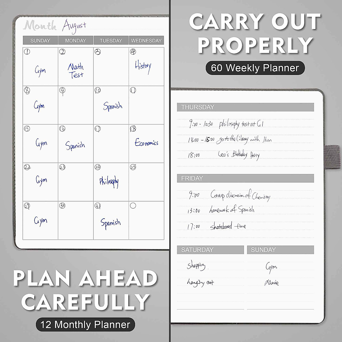 Undated Planner, 2024 Monthly & Weekly Academic Planner Kit, Feela A5 Daily Student Notebook, School Supplies with Highlighters, Note Stickers, Fineliner Pens, Lasts 1 Year, Gray