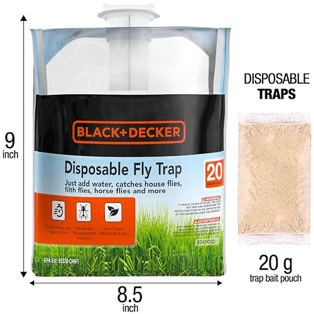 Fly Trap- Hanging Fly Traps Outdoor- Natural Non-Toxic Fly Catcher Attractant- Add Water to Catch House & Horse Flies in Garden, Backyard & Barn- 1 Trap, 20 Grams