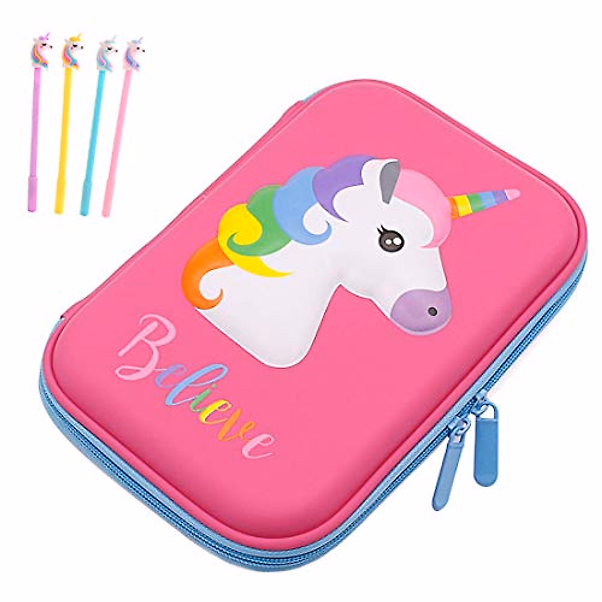 Pencil Case for Girls, 3D Cute EVA Unicorn Pen Pouch Stationery Box Anti-Shock Large Capacity Multi-Compartment for School with 4 unicorn pens