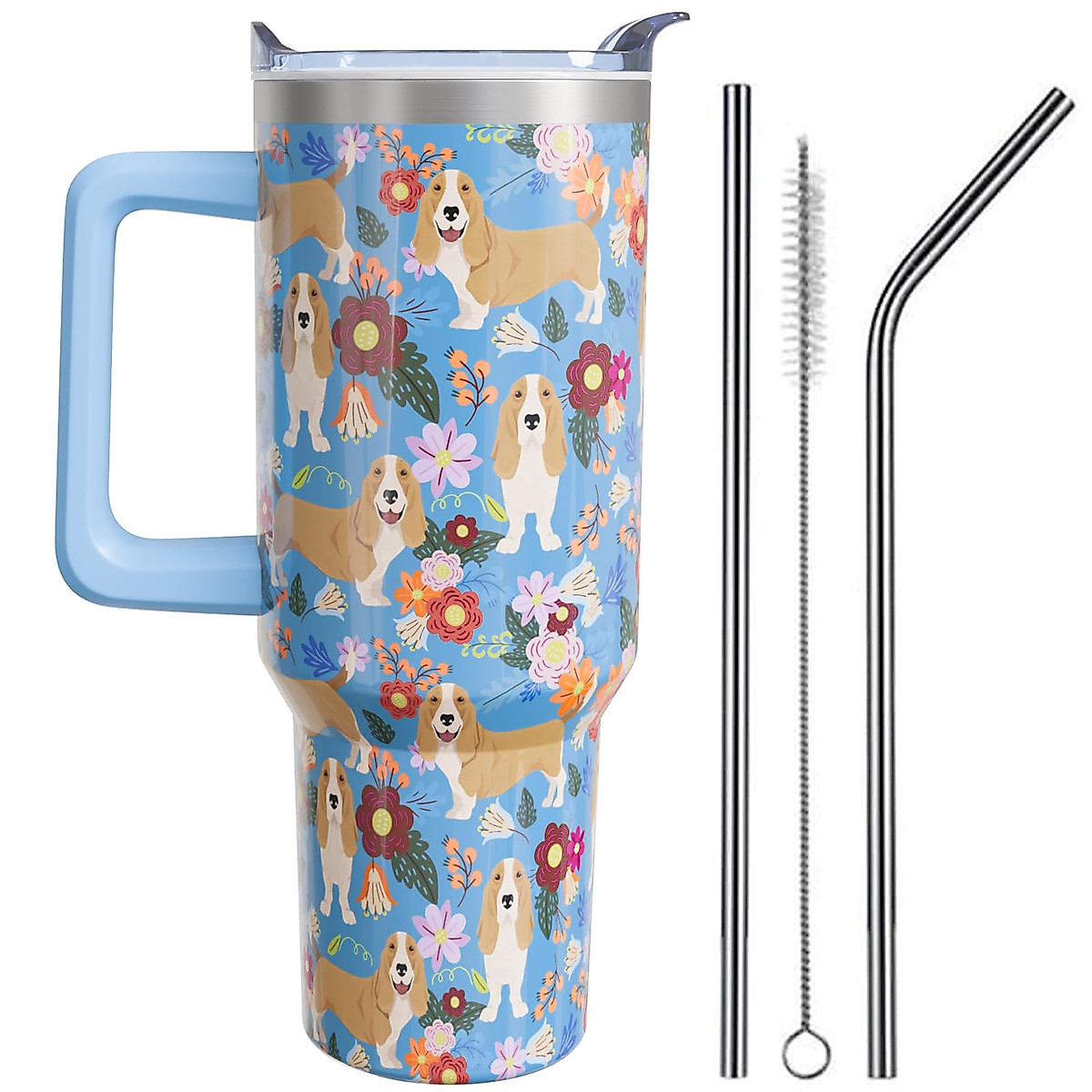 owbgsdh Basset Hound Gifts for Women Dog Lovers 40 oz Floral Basset Hound Tumblers with Handle and Straw, Stainless Steel Vacuum Insulated Travel Coffee Mug Cup Water Bottle
