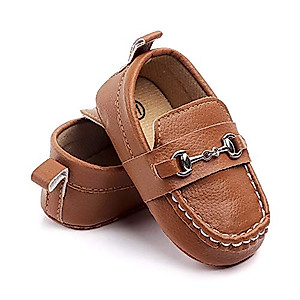 QIETION Baby Girls Boys Loafers, Cute Newborn Crib Shoes, PrewalkerPU Sneakers, Perfect for Baptism/Crawling/Wedding Brown 0-6 Months V201-BR11