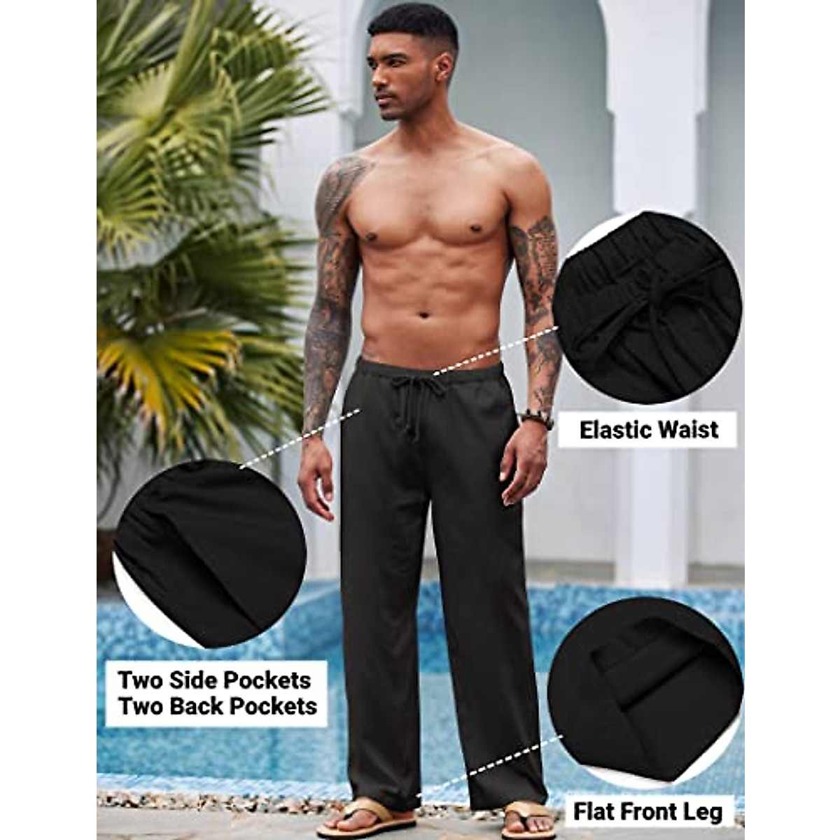 COOFANDY Mens Pants Linen Cotton Loose Casual Lightweight Elastic Waist Striped, A- Black, Large