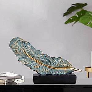 Resin Feather Sculpture Art Statue Feather Figurines Abstract Home Decoration for Wedding Party Bedroom Living Room Garden Office - Blue S