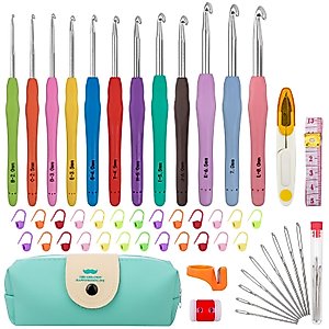 MECHEER Crochet Hooks 12 Sizes Crochet Hook Set, 51 Pack Yarn Crochet Kit for Beginners, Knitting Needles with Ergonomic Handles for Arthritic Hands, Crochet Needle Kit with Blue Case for Crocheters