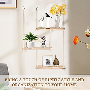 Macrame Wall Hanging Shelves, 3 Tier Hanging Floating Shelves for Wall, Boho Wall Shelves, Wood Hanging Shelves, Macrame Wall Hanging Shelf Tassel with Adjustable Rope, Room Decor for Plants Books