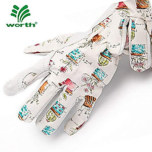 Worth Garden Gardening Gloves for Women - Cute Leather & Canvas Work Gloves Breathable Lightweight Fingertips Protection Adorable Potted Pattern - Gift for Gardeners