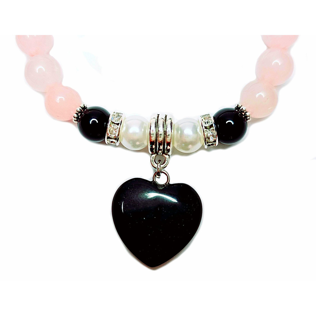 Onyx Heart Charm Bracelet GENUINE NATURAL STONES Handmade Bracelet Black Onyx Pearls Rose Quartz Powerful HEART CHAKRA Stone Birthstone Bracelet USA HANDMADE