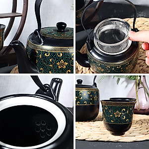 fanquare Japanese Porcelain Tea Set, Handmade Kungfu Teapot with 6 Cups, Large Black TeaPot with Gold Flowers Pattern