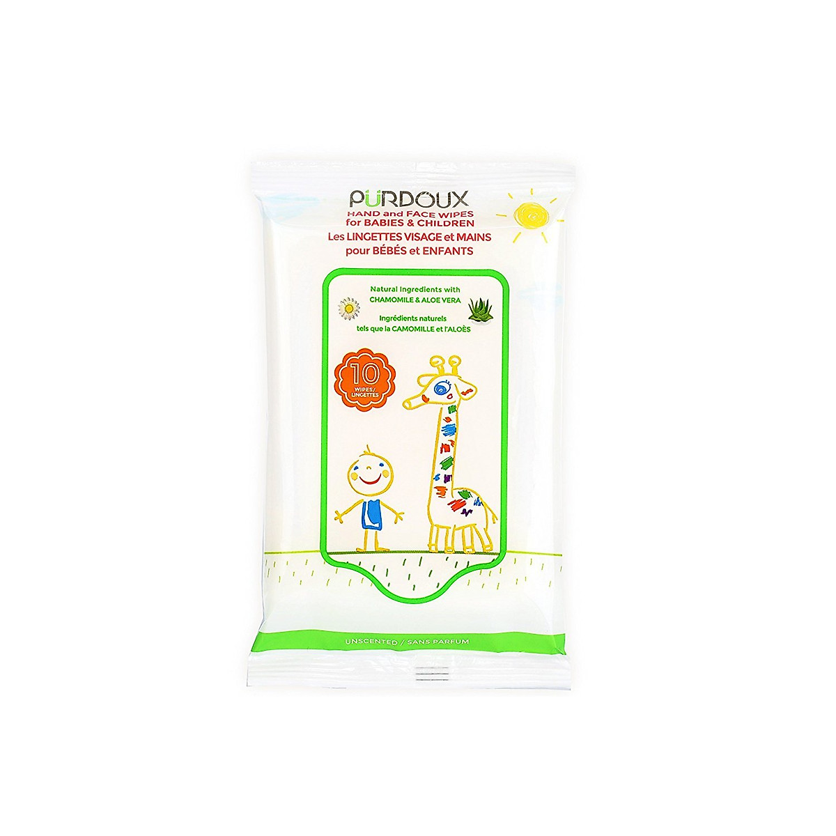 PÜRDOUX™ 100% Cotton Wipes for Babies and Children with Aloe Vera and Chamomile (Box of total 120 wet wipes in 12 resealable sachets, 10 wipes per sachet) (1 box (120 wipes,12 sachet/box,10 wipes/sachet))