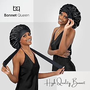 BONNET QUEEN Silk Bonnet for Sleeping Women Satin Bonnet Hair Bonnet night sleep cap scarf wrap for curly hair With Tie Band Black