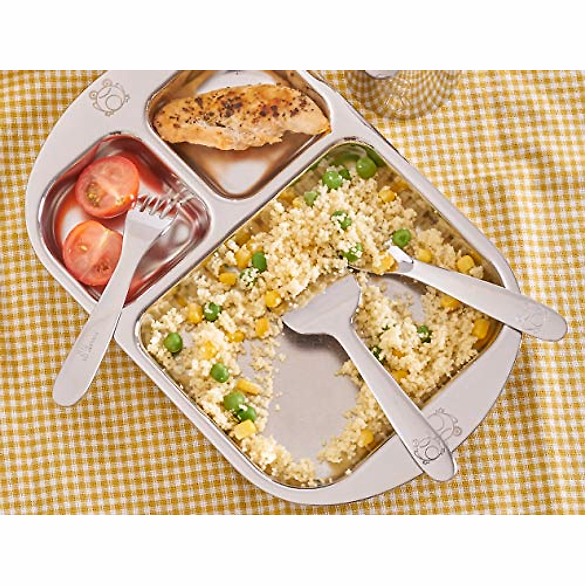 Kiddobloom Baby Stainless Steel Utensil Set. Education Series. Stainless #304 (18/8) 5pc Set (2 Spoons, 2 Forks, 1 Baby Butter Spreader/Food Pusher). Suitable for Baby Feeding/Weaning. Elegant Gift