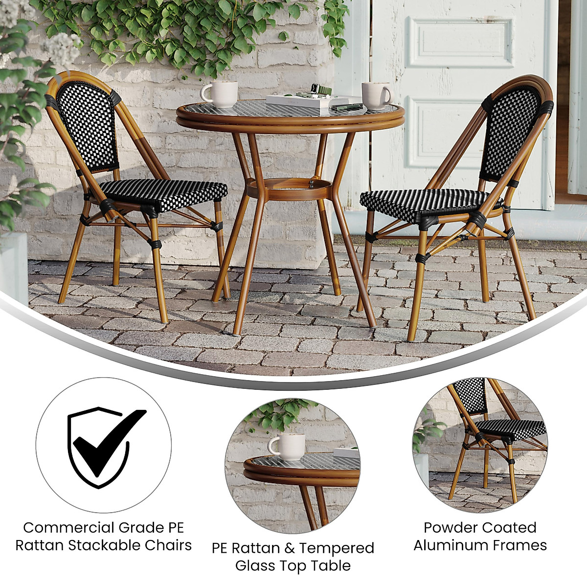 Flash Furniture Bordeaux Indoor/Outdoor Commercial Bistro Set - Tempered Glass Top Table - 2 Chairs - PE Rattan - NAT Bamboo Print Aluminum Frame - Black/White