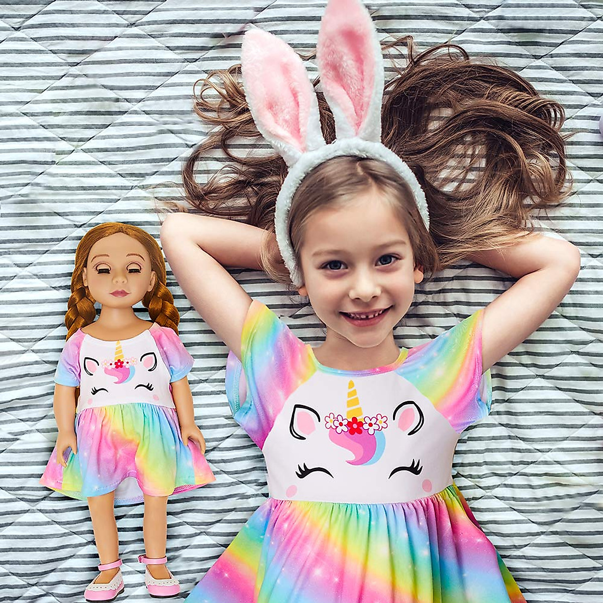 MHJY Doll and Girl Matching Nightgowns Unicorn Pajamas Night Dress for Girls and American 18" Girl Doll Clothes,8-9 Years,Rainbow