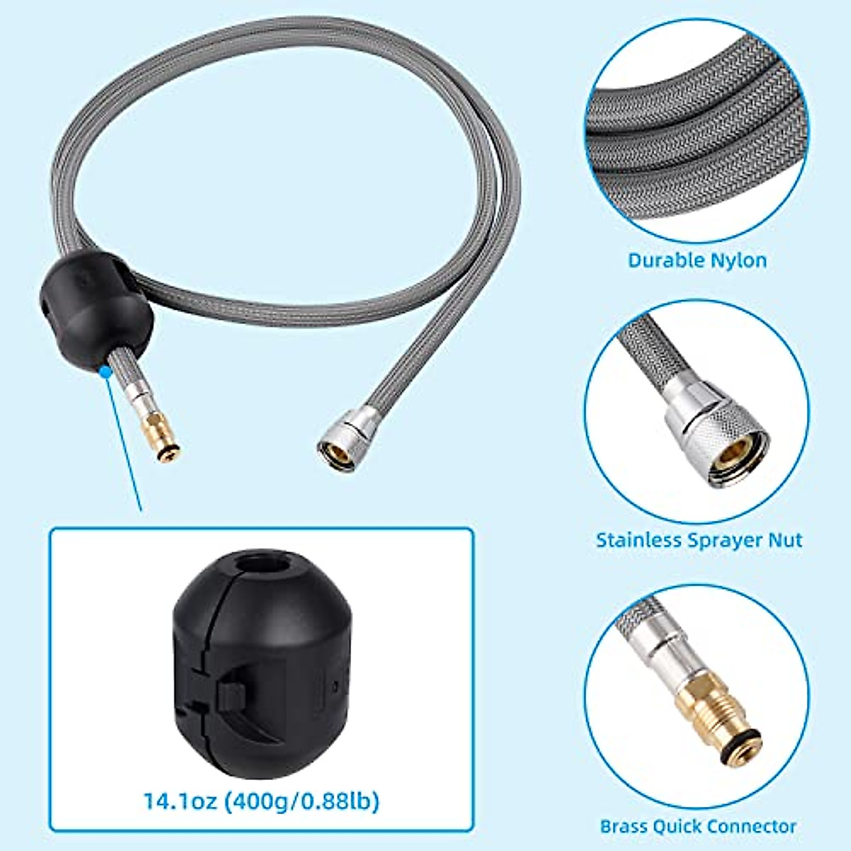 Hygie Rinse 88624000 Replacement Pull-out Faucet Hose Compatible with Hansgrohe Kitchen Faucets Standard Non-Select Single Hole, with 14.1oz/0.88lb Weight Ball, Kitchen Faucet Spray Hose 59 +10.5 Inch