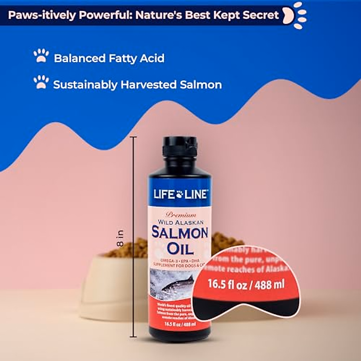 Life Line Pet Nutrition Wild Alaskan Salmon Oil Omega-3 Supplement for Skin & Coat – Supports Brain, Eye & Heart Health in Dogs & Cats, 16.5oz