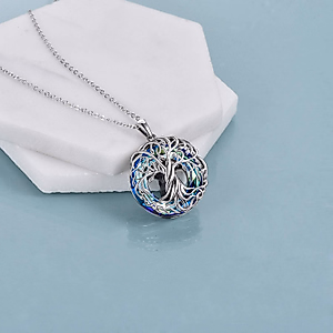 TOUPOP Tree of Life Urn Necklace for Ashes Sterling Silver Cremation Necklace Memorial Keepsake Locket with Blue Circle Crystal w/Funnel Filler Cremation Jewelry Gifts for Women Girls
