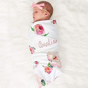 Personalized Fleece Baby Girl Blanket, Coral Pink Floral
