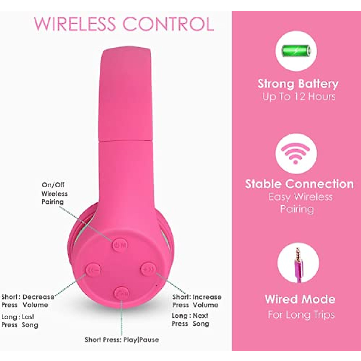 Nenos Bluetooth Kids Headphones Wireless Kids Headphones 93dB Limited Volume Wireless Headphones for Kids Boys Girls School Headphones Classroom (Pink)
