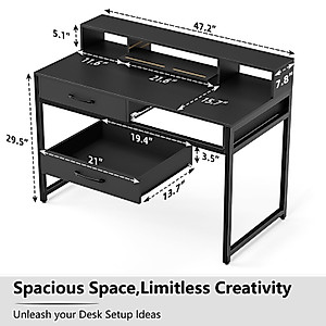 VEELOK Computer Desk with Drawers, 47" Home Office Desk with Monitor Shelf, Writing Desk with Storage, Gaming Desk Work Desk Study Desk for Bedroom, Black