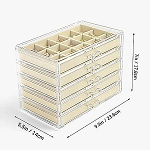 KAMIER Acrylic Jewelry Organizer,5 Layers Clear Acrylic Jewelry Box for Women,20 Pcs Portable Clear Jewelry Bag Set,Velvet Earring Display Holder for Earrings Ring Bracelet Necklace,Beige