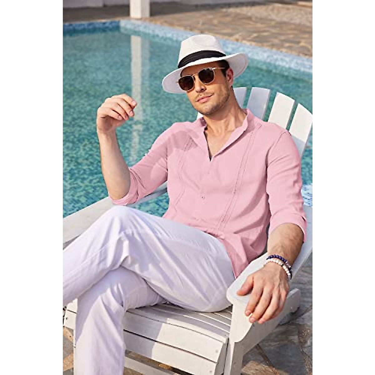 COOFANDY Men's Collarless Shirts Long Sleeve Linen Button Up Dress Shirt Casual Beach Tops Light Pink