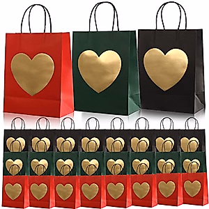 24 Pcs Gift Bags with Glitter Gold Heart Print Paper Shopping Bag 8 x 10 x 4 Inch Paper Bags with Handles Bulk for Valentine's Day Birthday Wedding Anniversary Holiday Party (Black, Red and Green)