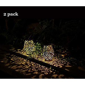 WSgift 2 Pack Hanging Solar Lantern Metal LED Table Lamp Outdoor Solar Hollow-Out Lights with Handle, 6 lumens, 5.5 x 5.5 x 7.5 Inch, Antique Bronze